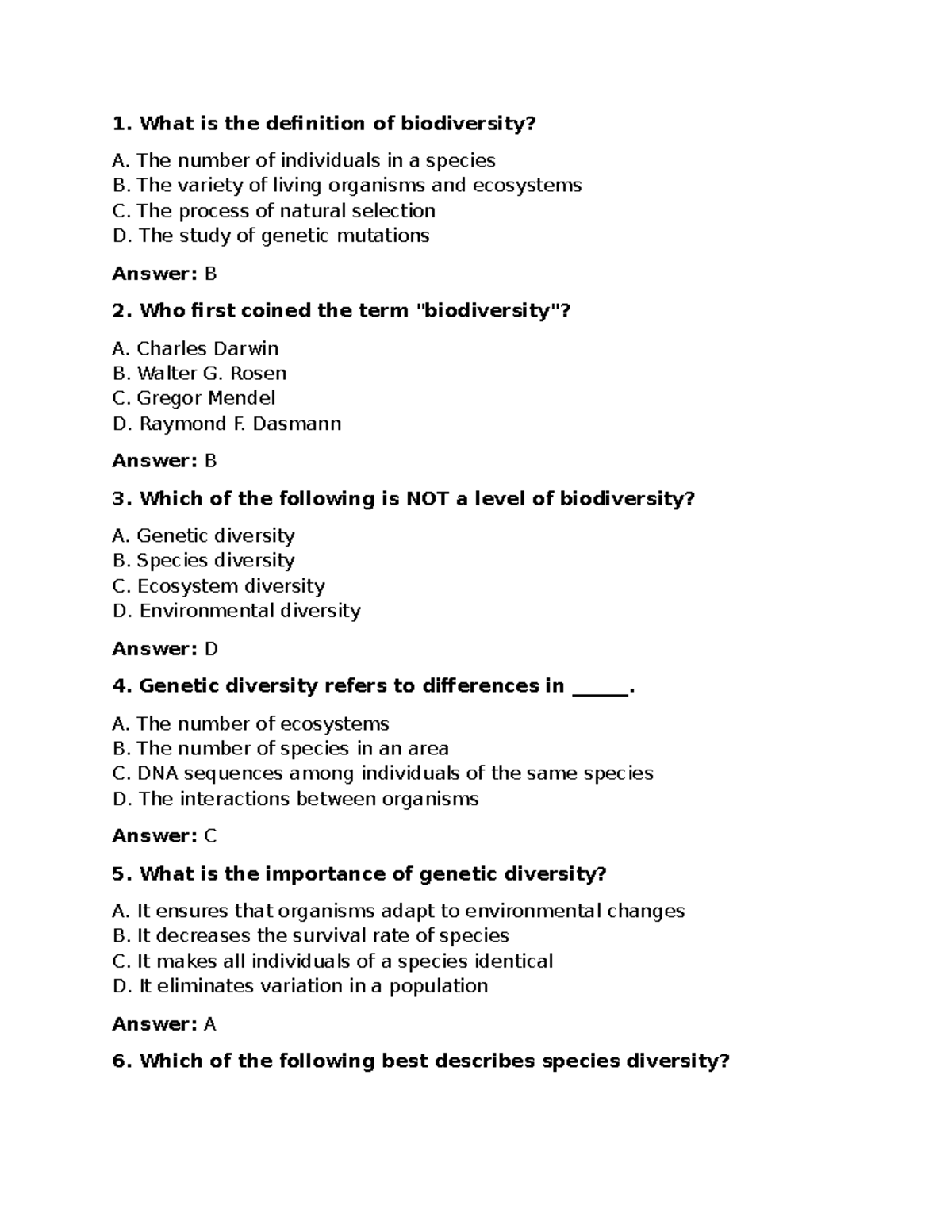 Biodiversity Quiz - Key Concepts & Definitions Explained - Studocu