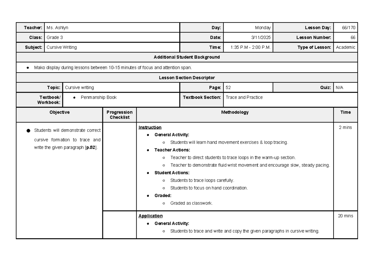 Grade 3 Cursive Writing Lessons: Ms. Ashlyn's Weekly Overview - Studocu