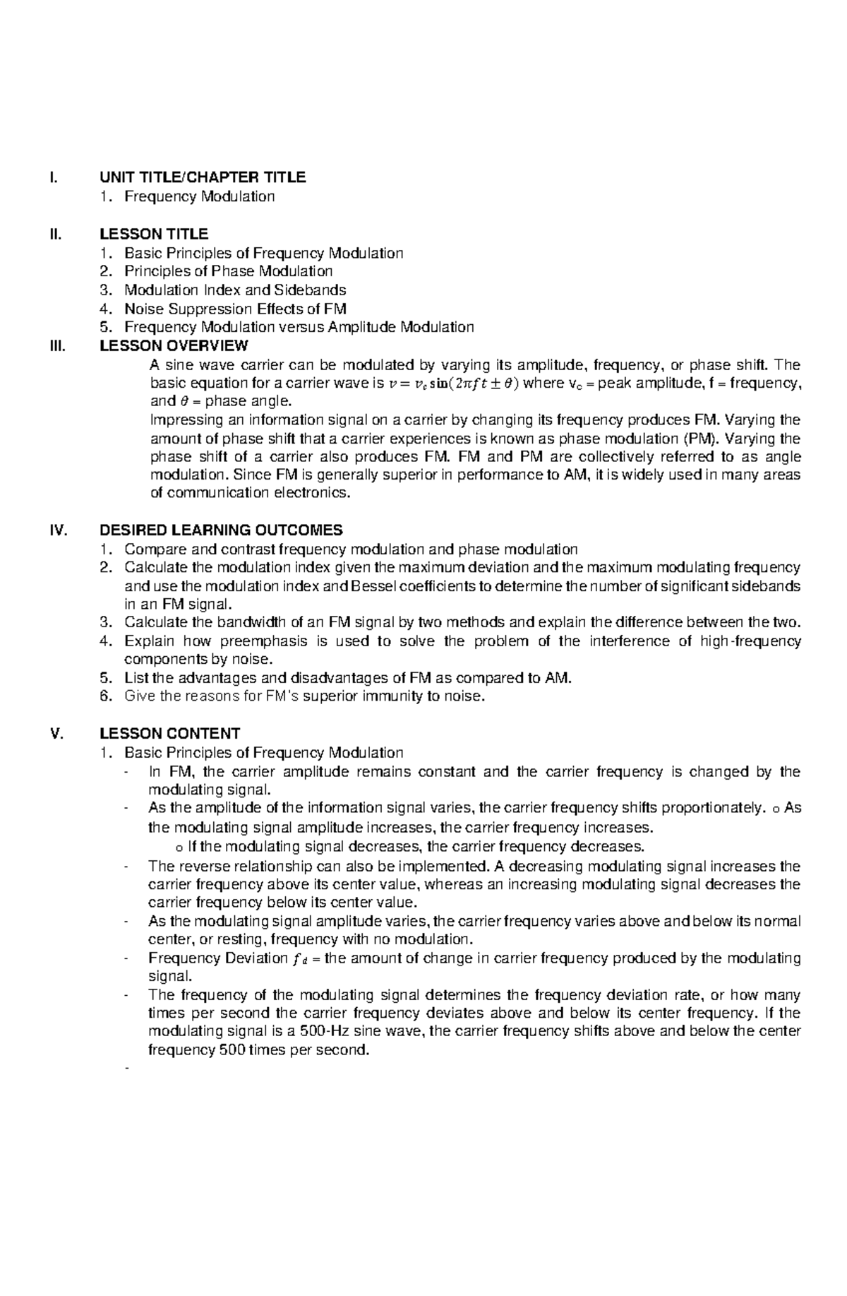 Principles of Communication - Lesson 6 - I. UNIT TITLE/CHAPTER TITLE Frequency Modulation II ...