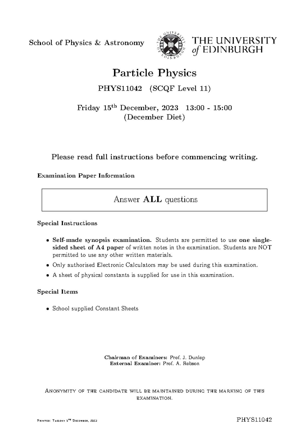 2024 - PHYS11042 Particle Physics Past Exam Paper - Studocu