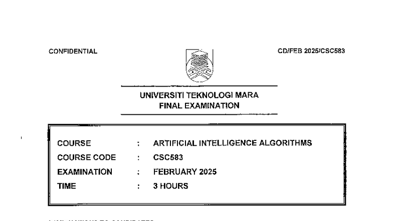 CSC583 - Final Exam on Artificial Intelligence Algorithms - Studocu
