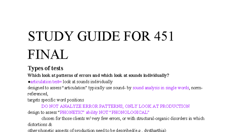 Study Guide for Articulation & Phonological Disorders Exam (451) - Studocu