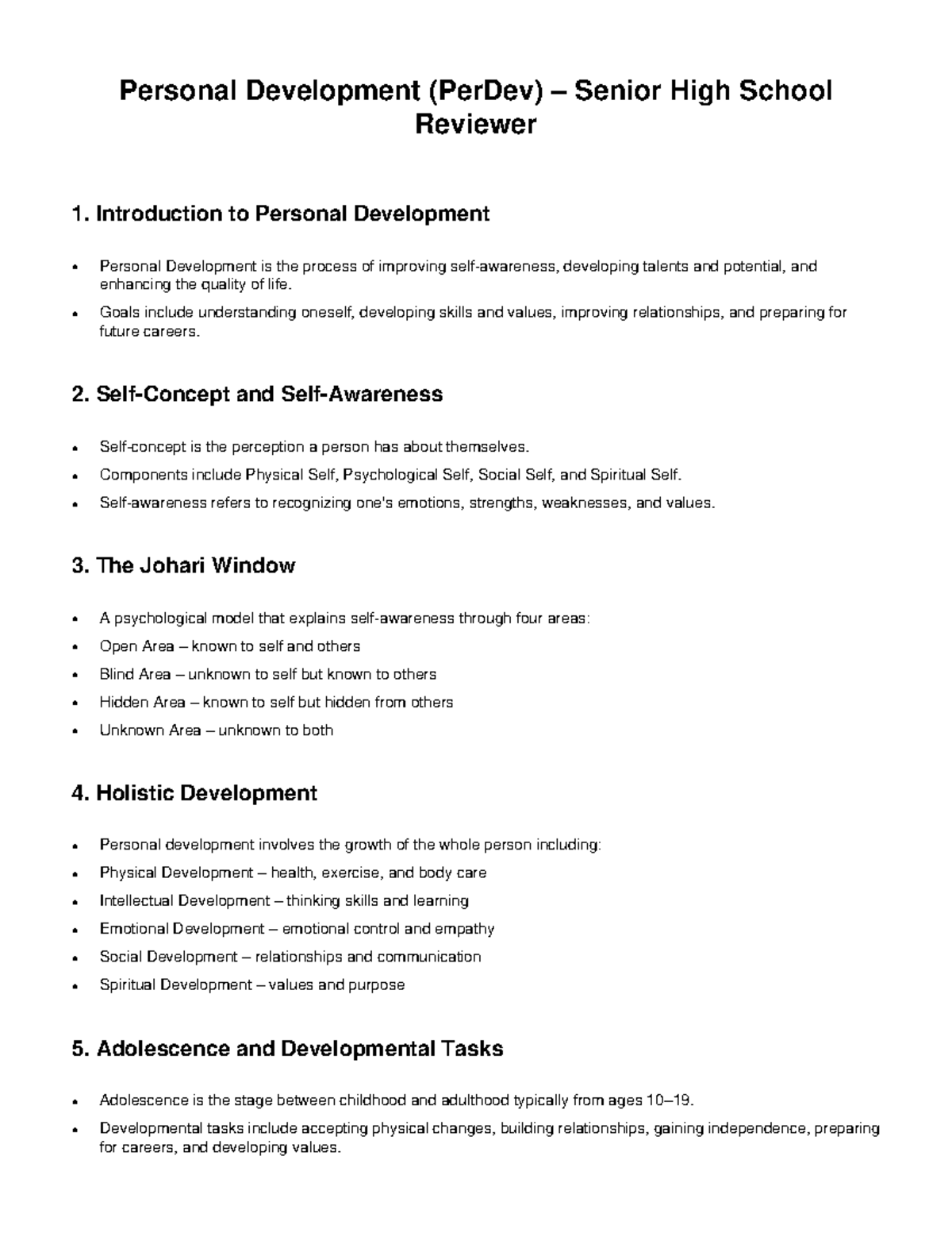 PerDev Senior High School Personal Development Reviewer - Studocu