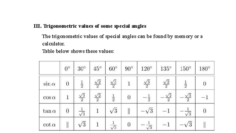 Trigonometric Values of Special Angles - Giá trị lượng giác - Studocu