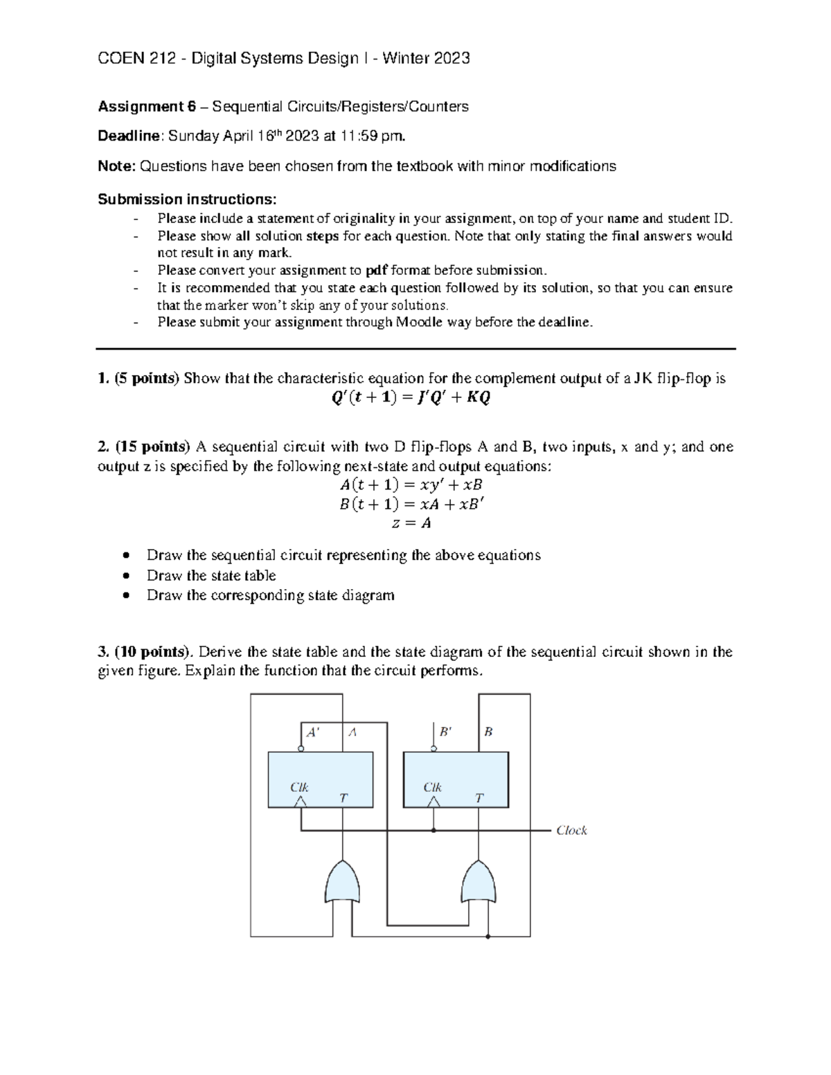 COEN 212 - Digital Systems Design I - Winter 2023 - Assignment 6: Sequential Circuits - Studocu