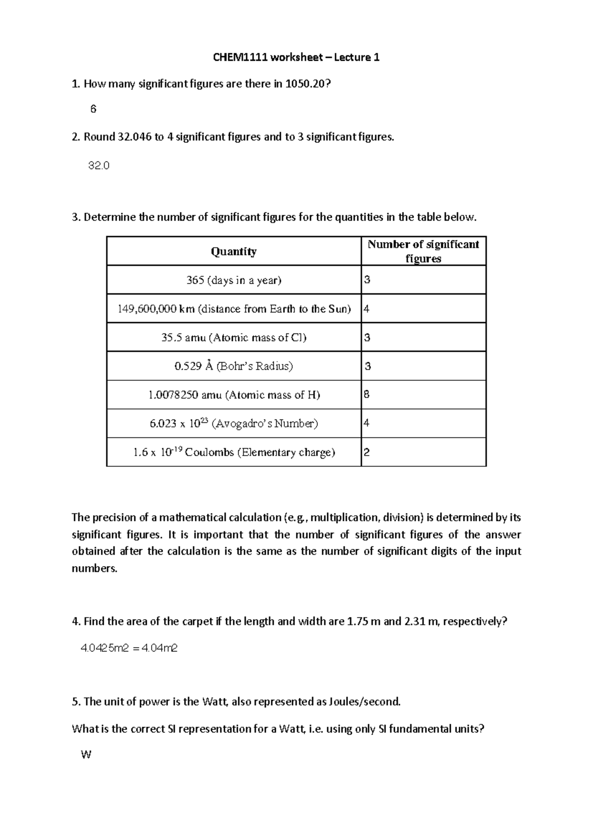 CHEM1111 Worksheet 01 - Significant Figures & Units in Calculations ...
