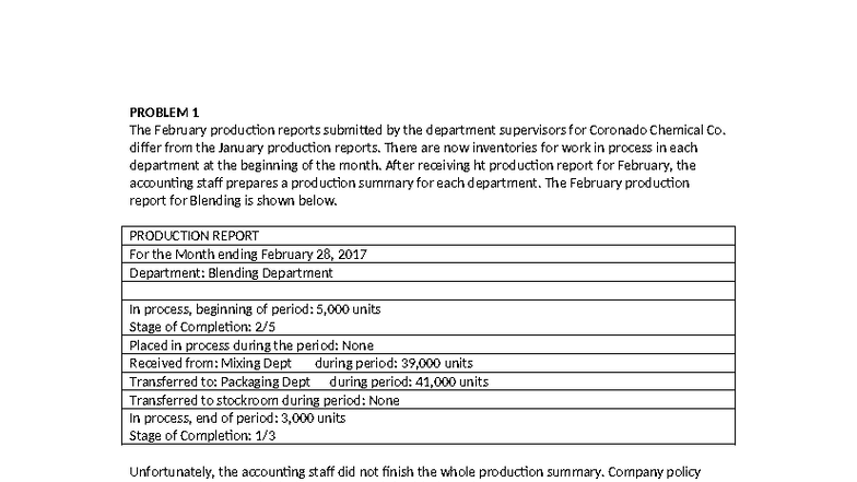 Process Costing: Blending Department Production Report Analysis (ACCT ...