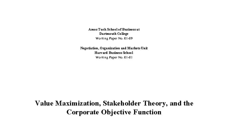 Jensen 2001 - Value Maximization & Stakeholder Theory Analysis - Studocu