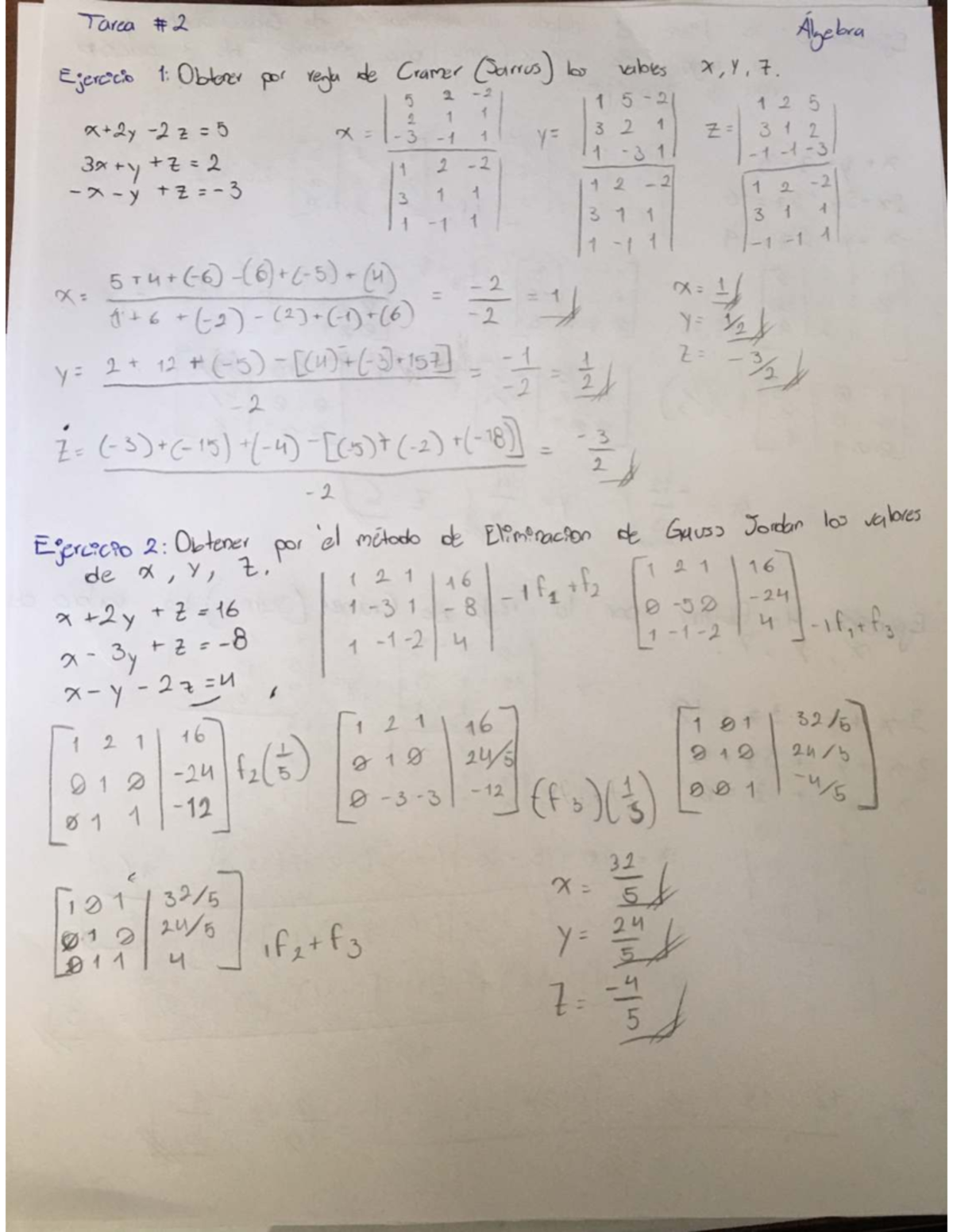 Tarea 2 de Álgebra: Ejercicios de Regla de Cramer y Gauss-Jordan - Studocu
