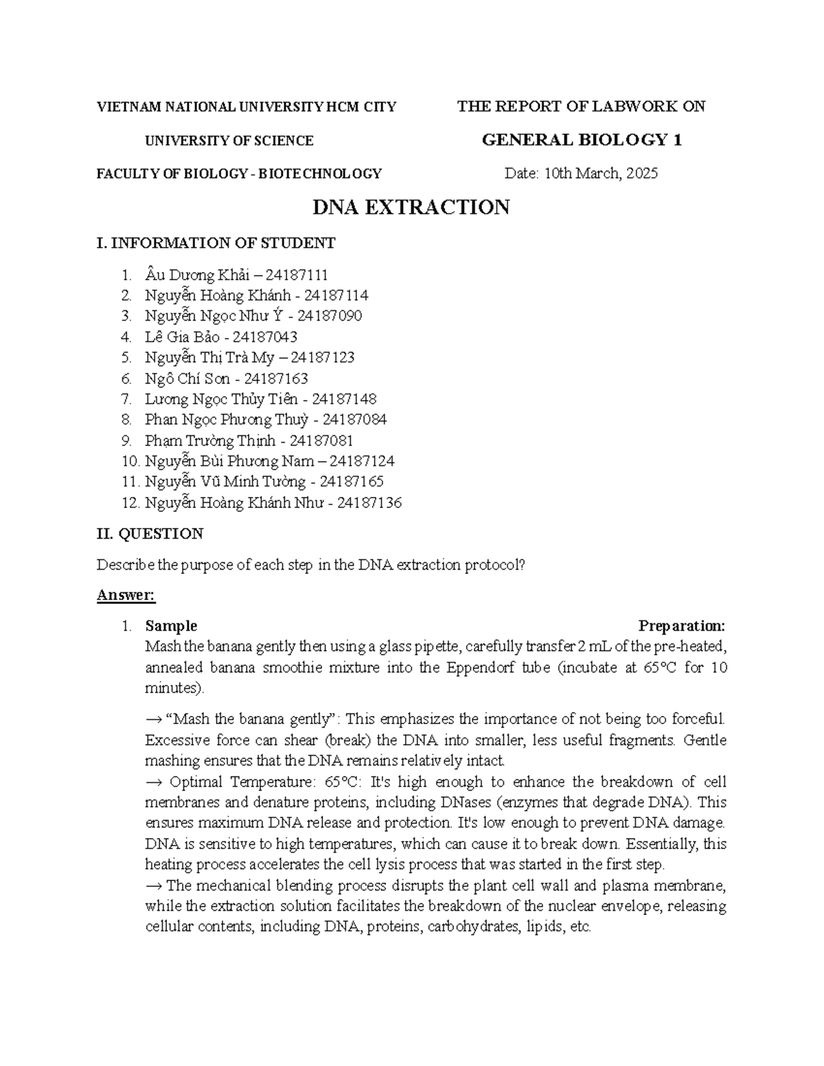 DNA Extraction Lab Report - General Biology 1 (BIOL101) - Studocu