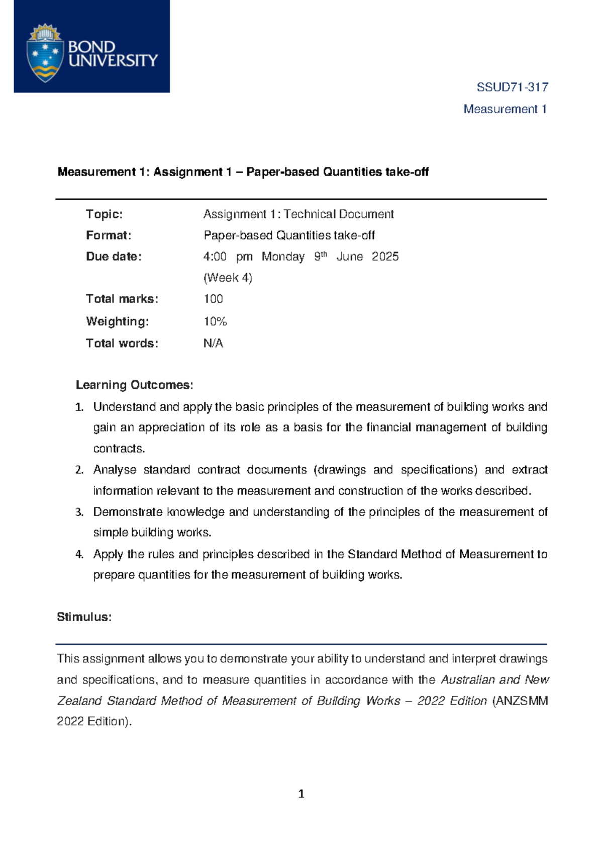 Measurement 1: Assignment 1 - Quantities & Technical Document Guide ...