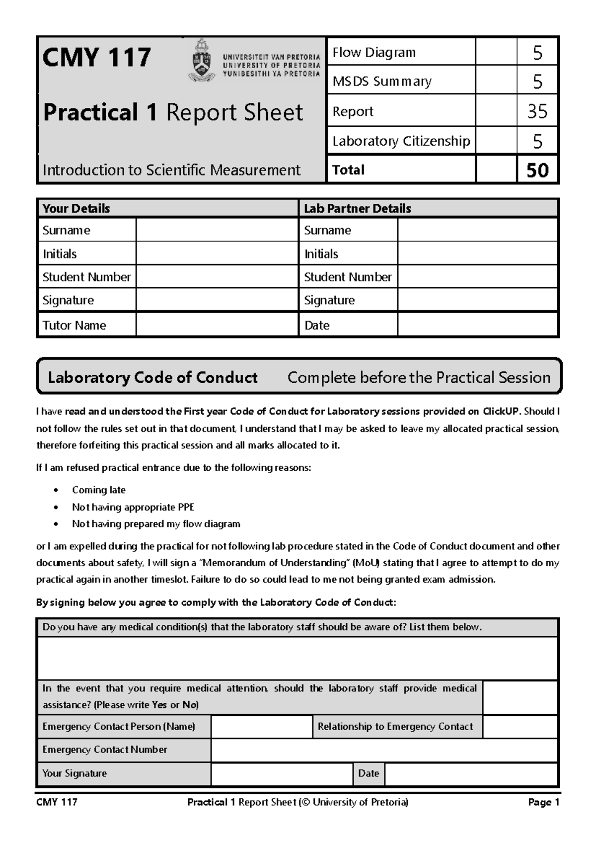 CMY 117 Practical 1 Report Sheet: Flow Diagrams & Lab Citizenship - Studocu