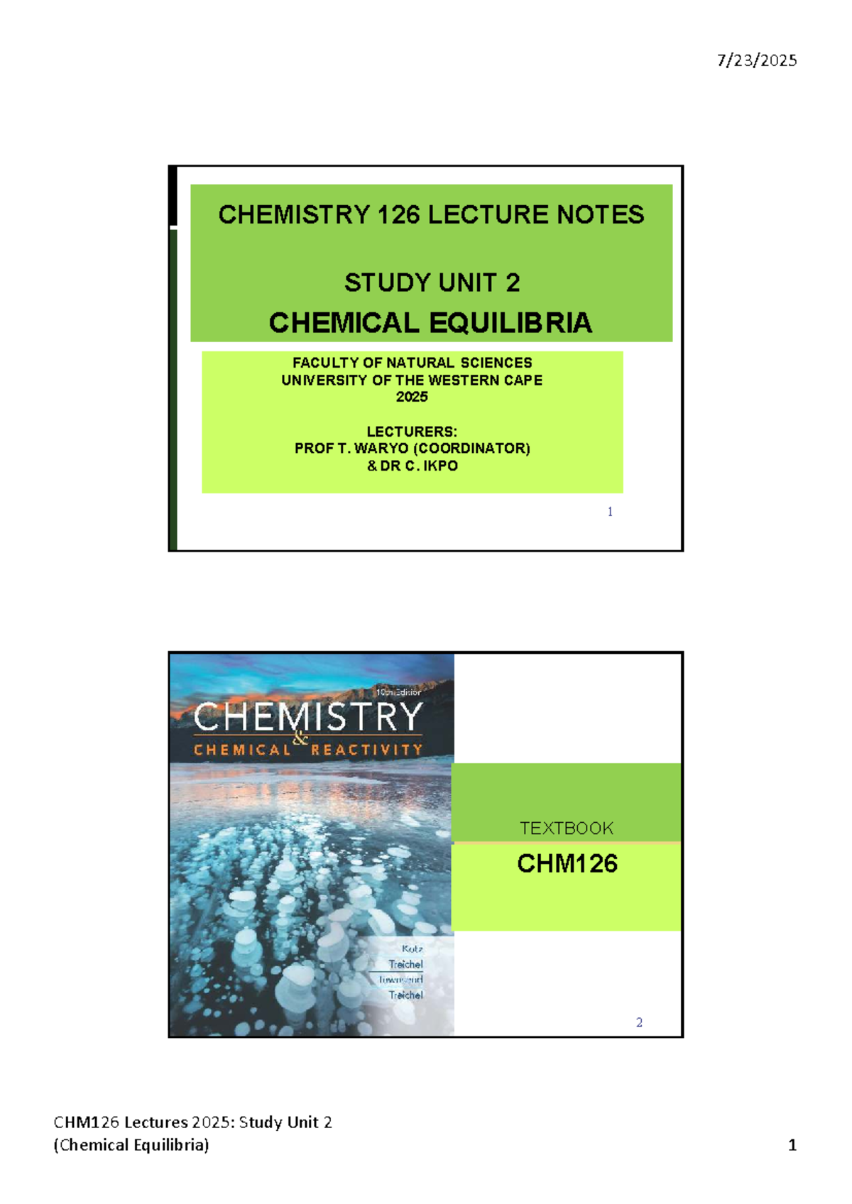 CHM126 LECTURE NOTES: STUDY UNIT 2 - CHEMICAL EQUILIBRIA - Studocu
