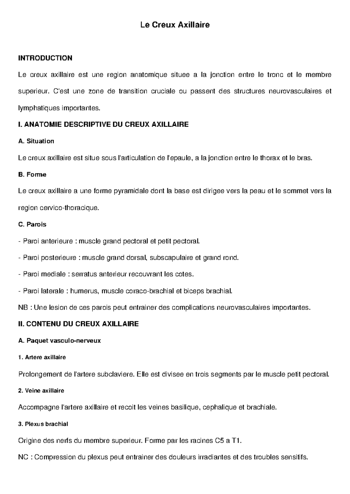 Creux Axillaire: Anatomie et Contenu Vasculo-Nerveux Détaillés - Studocu