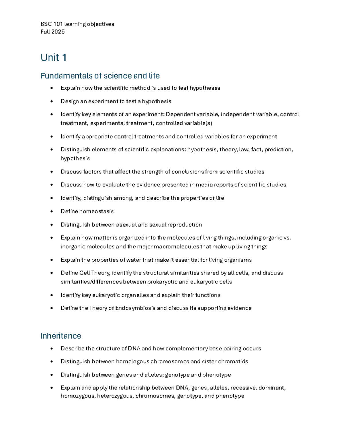 BSC 101 Learning Objectives - Fall 2025 - Studocu