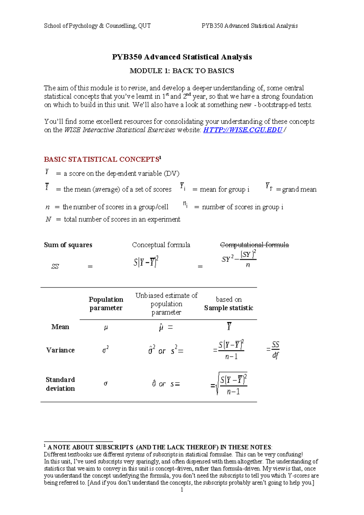 QUT PYB350 Advanced Statistical Analysis: Module 1 Overview and Key ...
