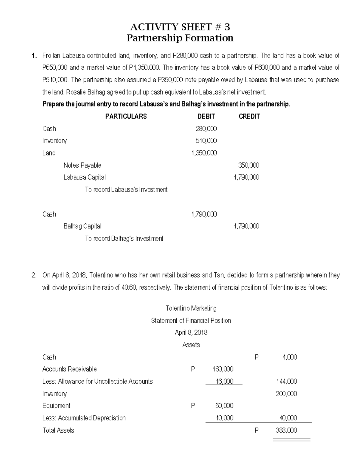 Partnership Formation Activity 3: Journal Entries and Analysis - Studocu