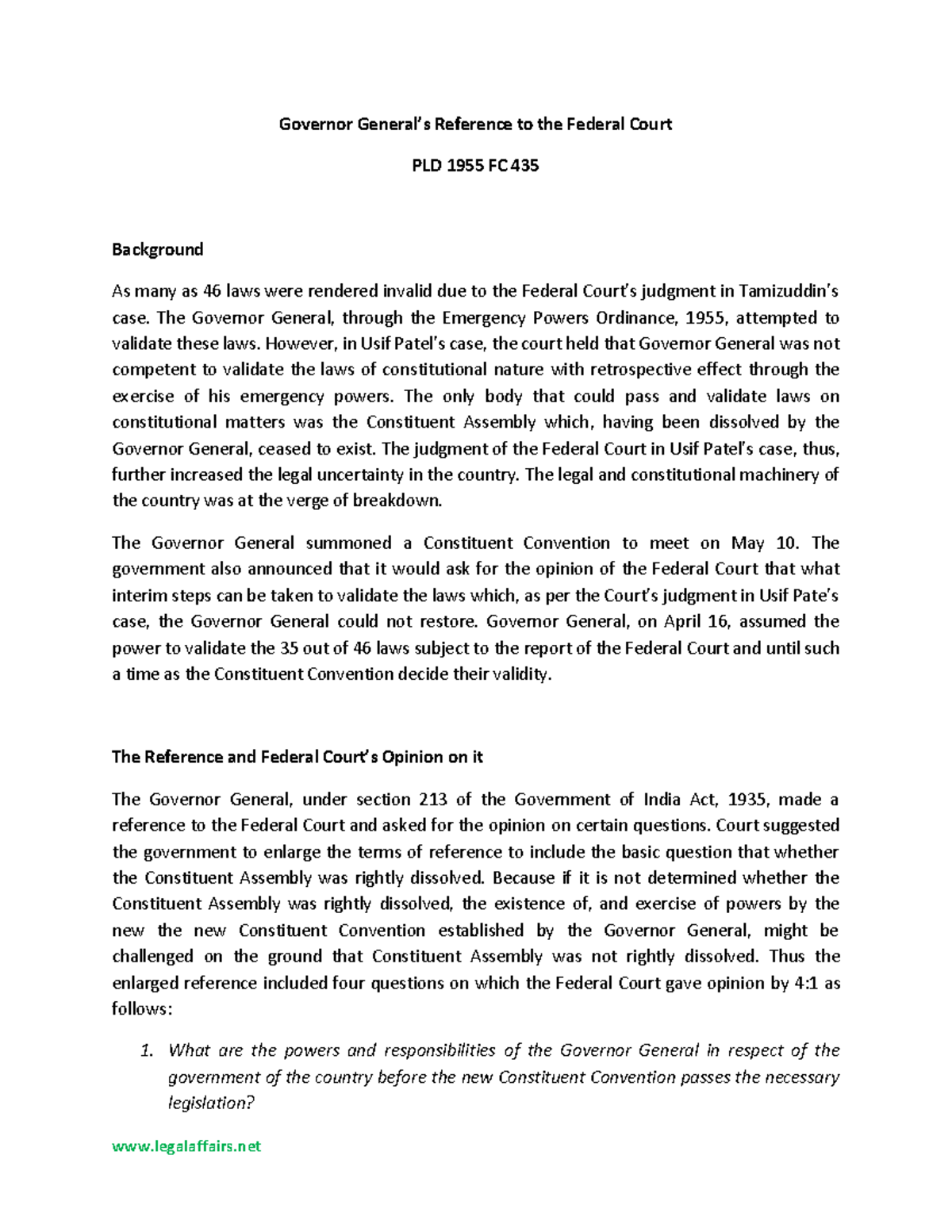 Governor General's Reference to Federal Court: Insights & Analysis ...