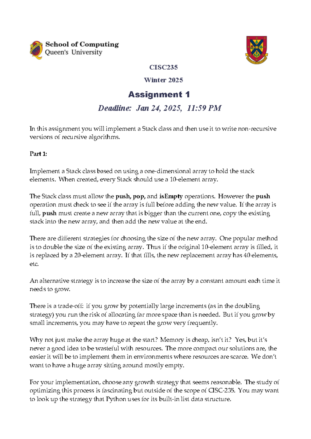 CISC 235 W25 Final Assignment 1: Implementing a Stack Class - Studocu