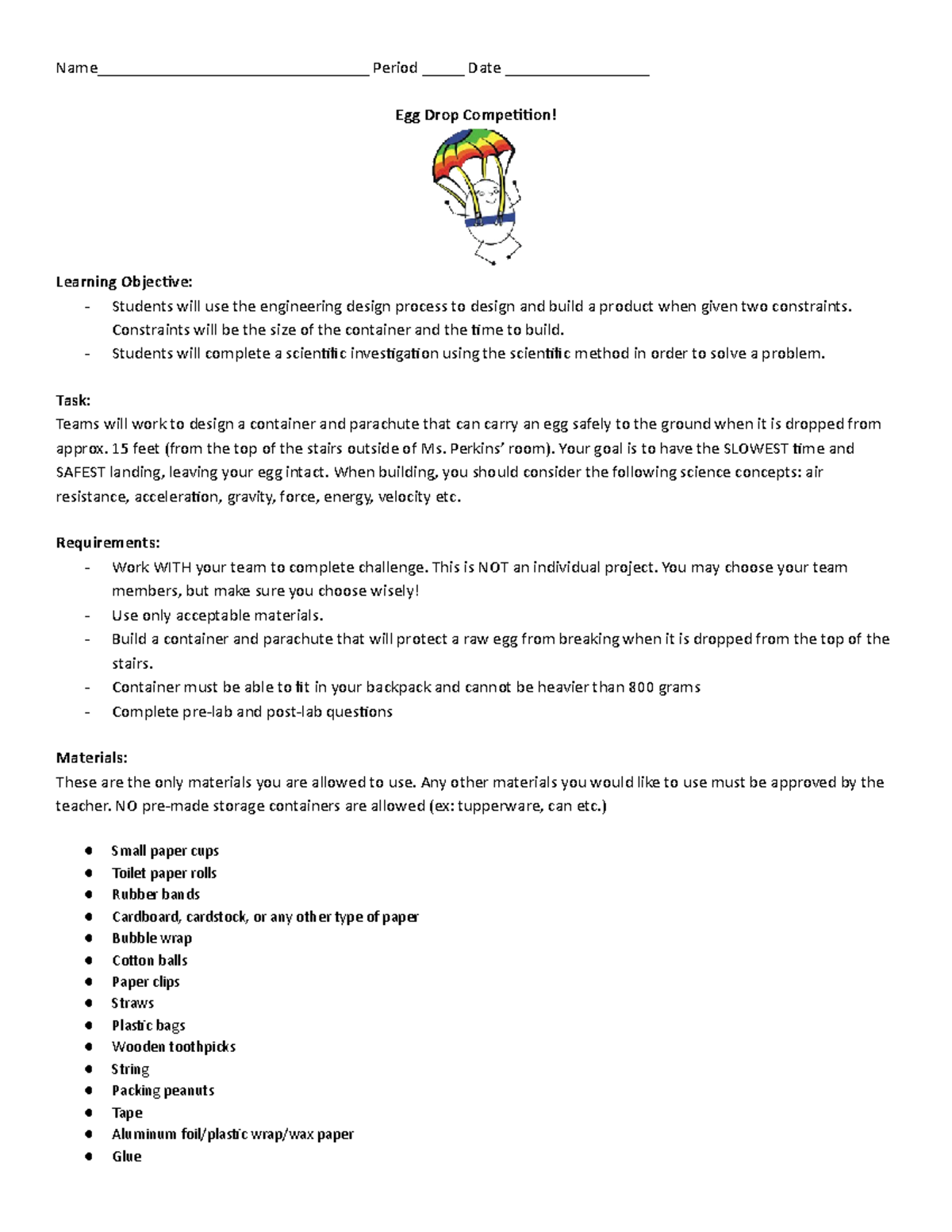 Egg Drop Project (Perkins): Engineering Design Challenge Overview - Studocu