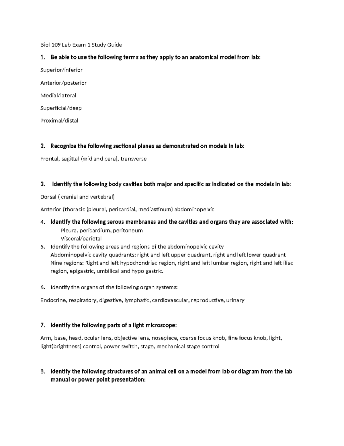 Biol 109 Lab Exam 1 Study Guide: Anatomy and Physiology Concepts - Biol ...