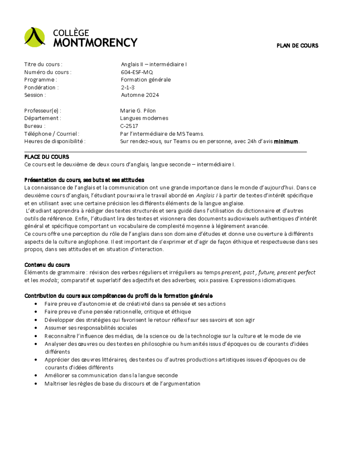 604ESF(MGP)A24 - Plan de Cours Anglais II – Intermédiaire I - Studocu