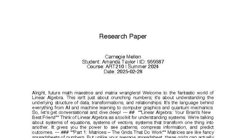 ART210 Summer 2024: Linear Algebra Research Paper by Amanda Taylor ...