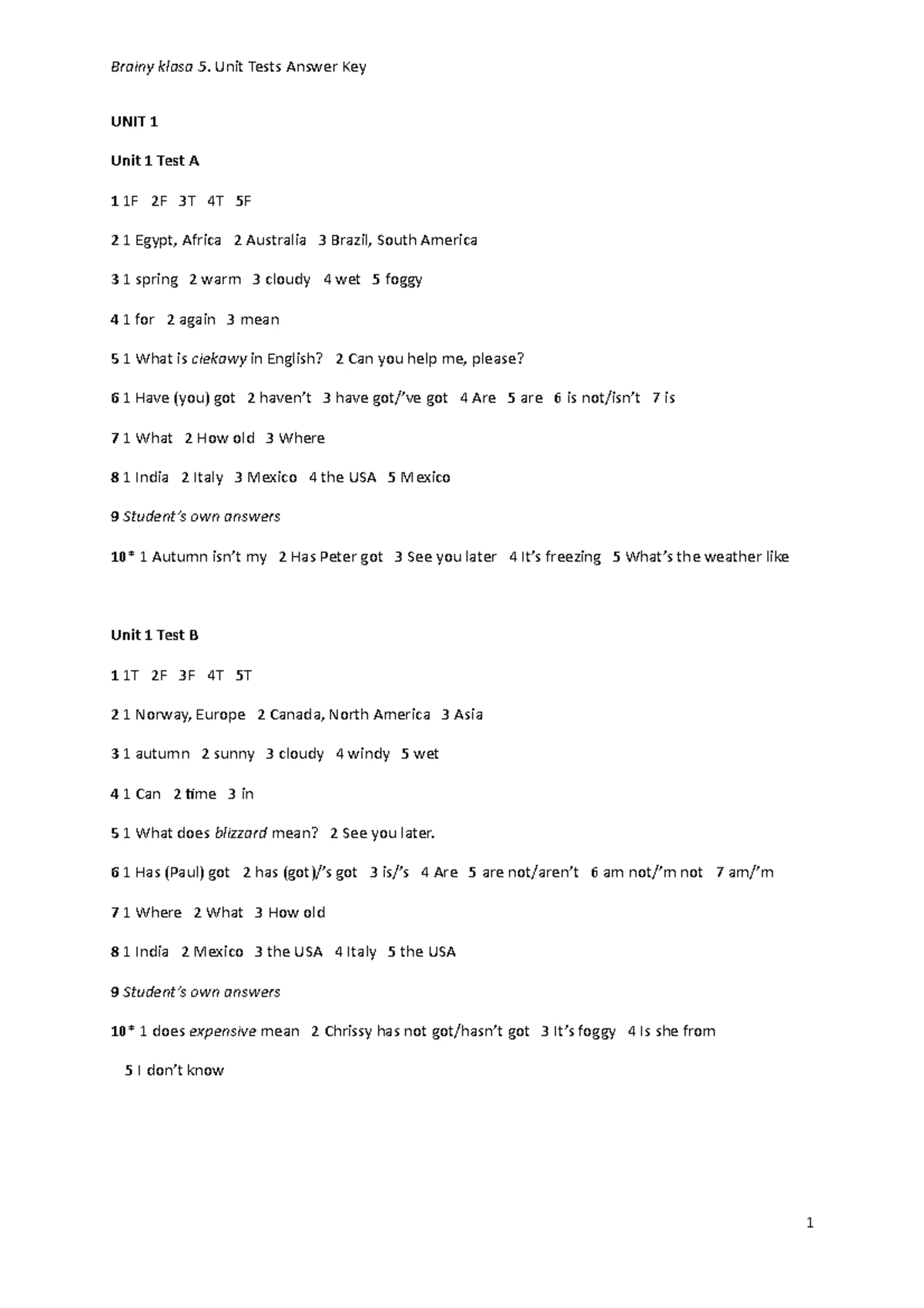Brainy kl5 Unit Test 1 A - Sprawdzian dla klasy 5 - UNIT 1 Test A Imię ...