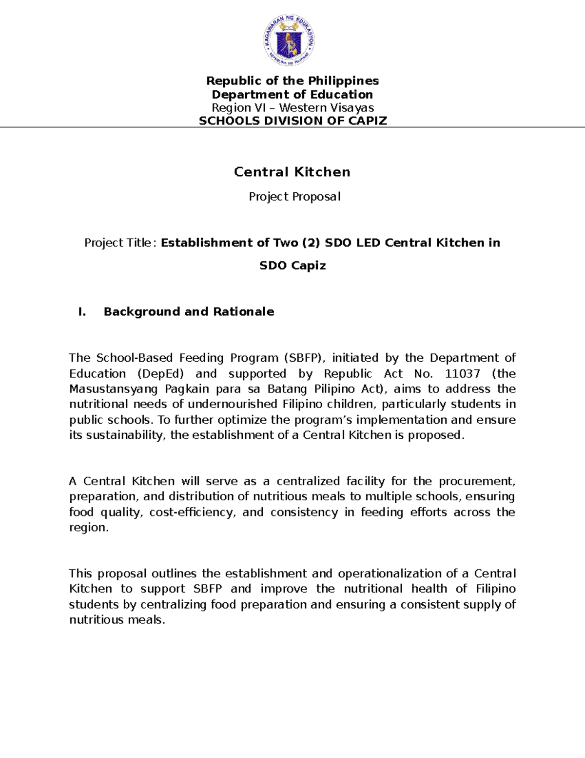 Central Kitchen Project Proposal for SDO Capiz: Enhancing SBFP - Studocu
