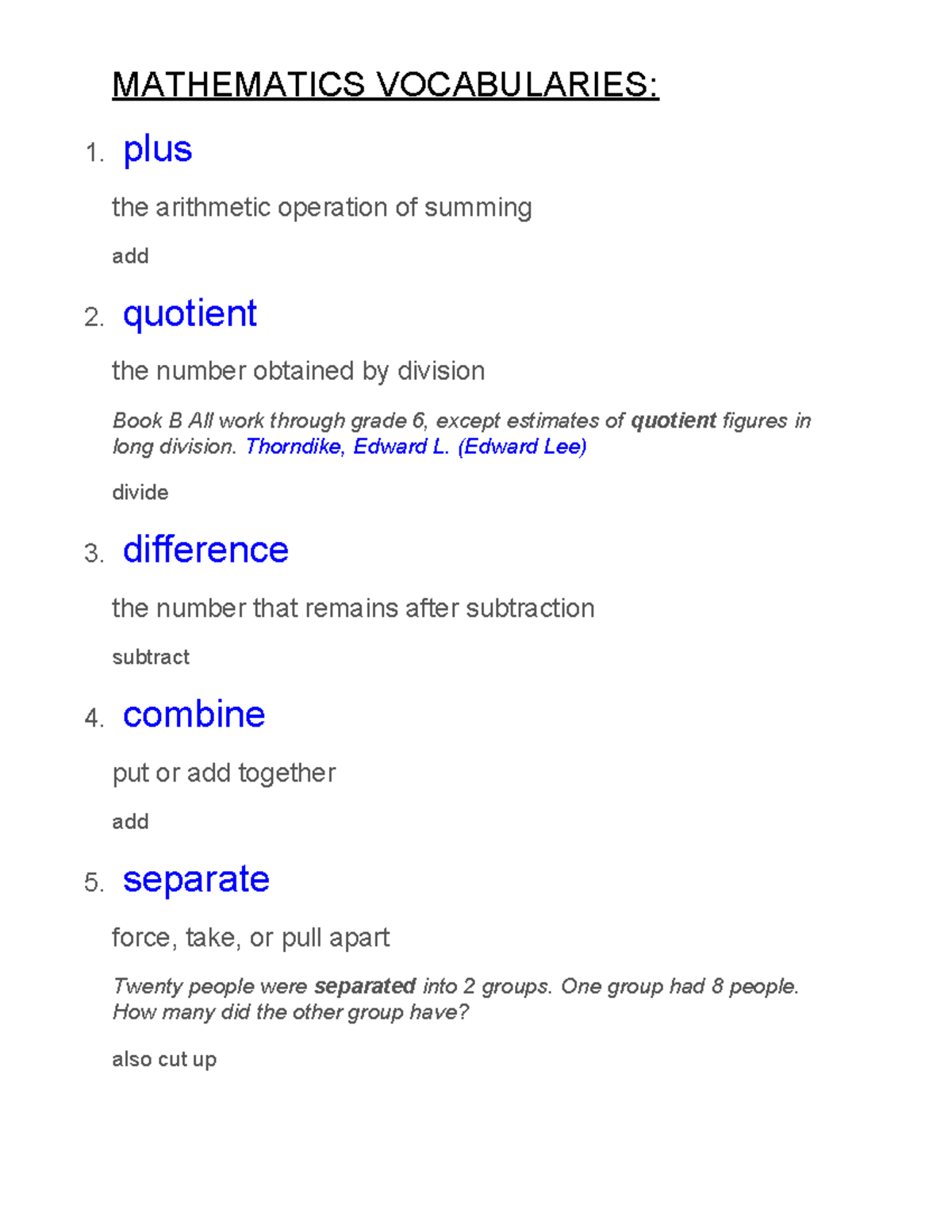 MAT 101: Essential Mathematics Vocabulary for Grade 6 - Studocu