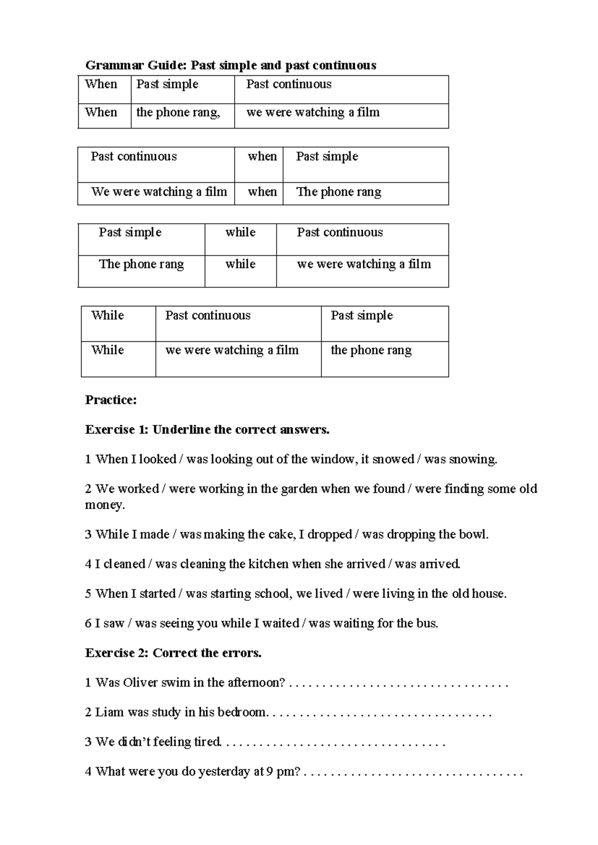 Grammar Guide: Past Simple & Past Continuous Exercises - Studocu