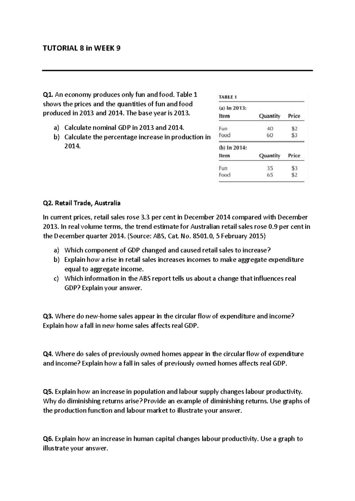 Tutorial 8: Week 9 Questions on GDP and Economic Indicators - Studocu