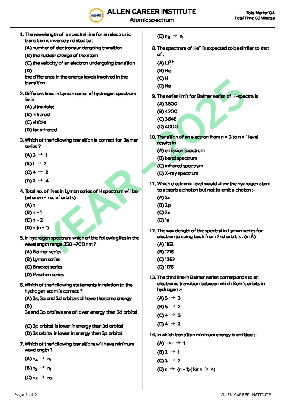 ALLEN CAREER INSTITUTE Atomic Spectrum Quiz Notes - Studocu