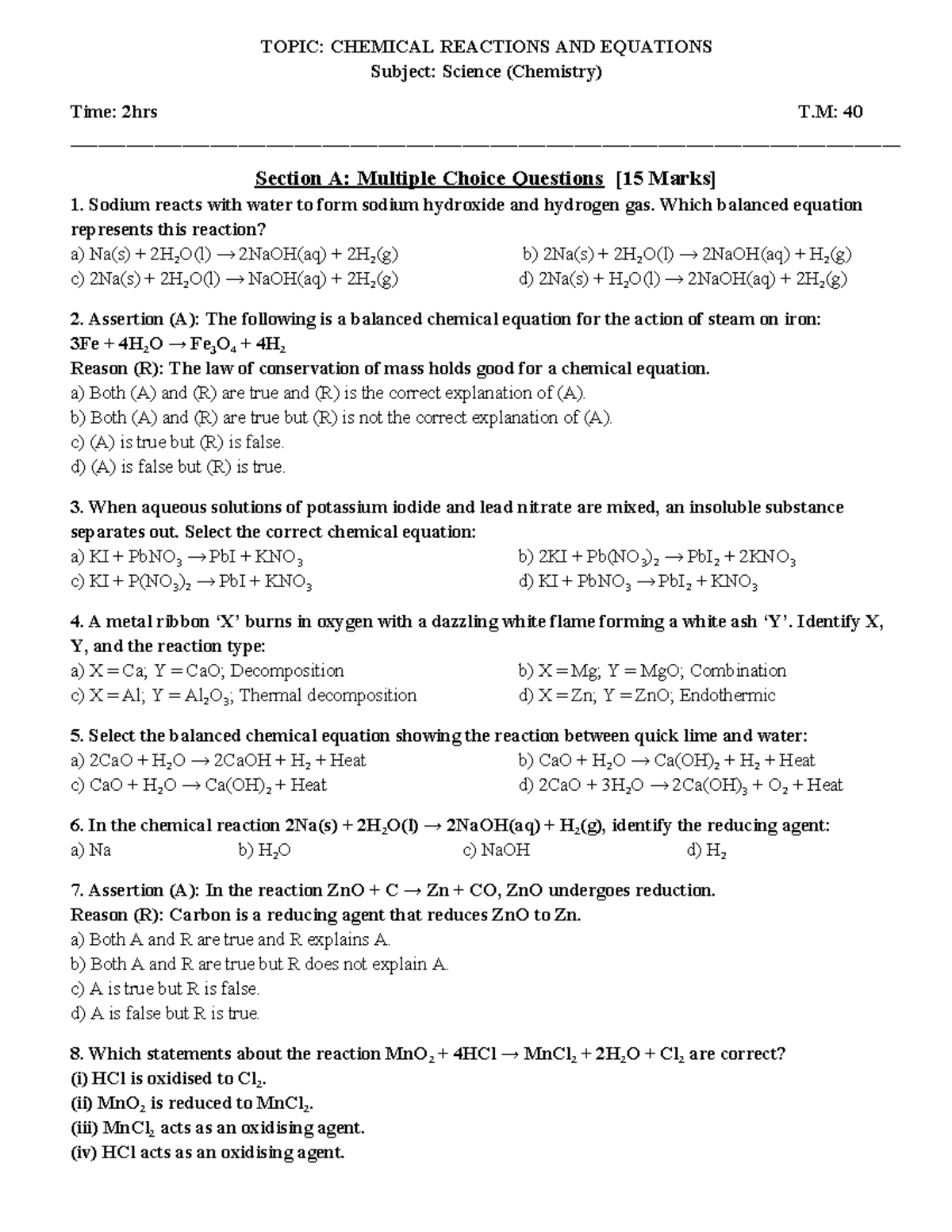 C10 - CHEMICAL REACTIONS & EQUATIONS QUESTION PAPER - Studocu