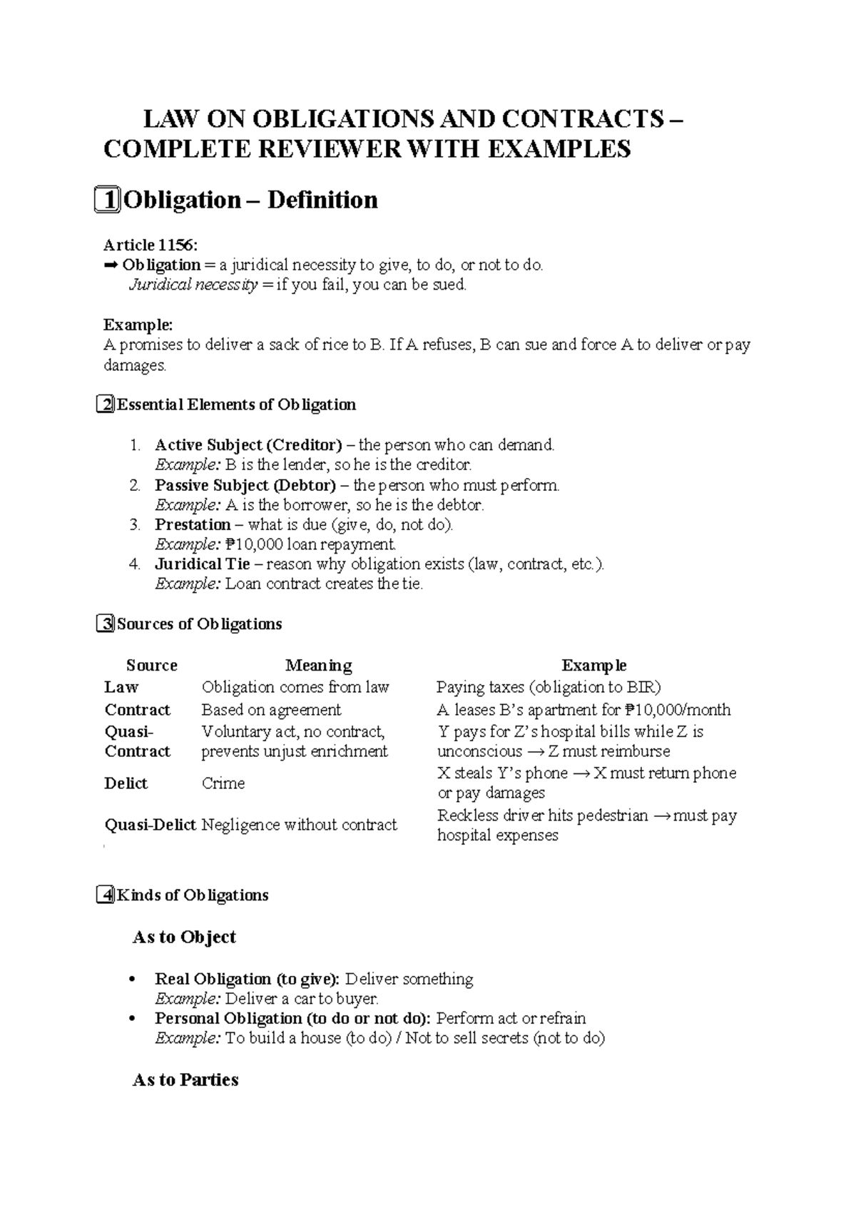 LAW ON OBLIGATIONS AND CONTRACTS COMPLETE REVIEWER WITH EXAMPLES - Studocu