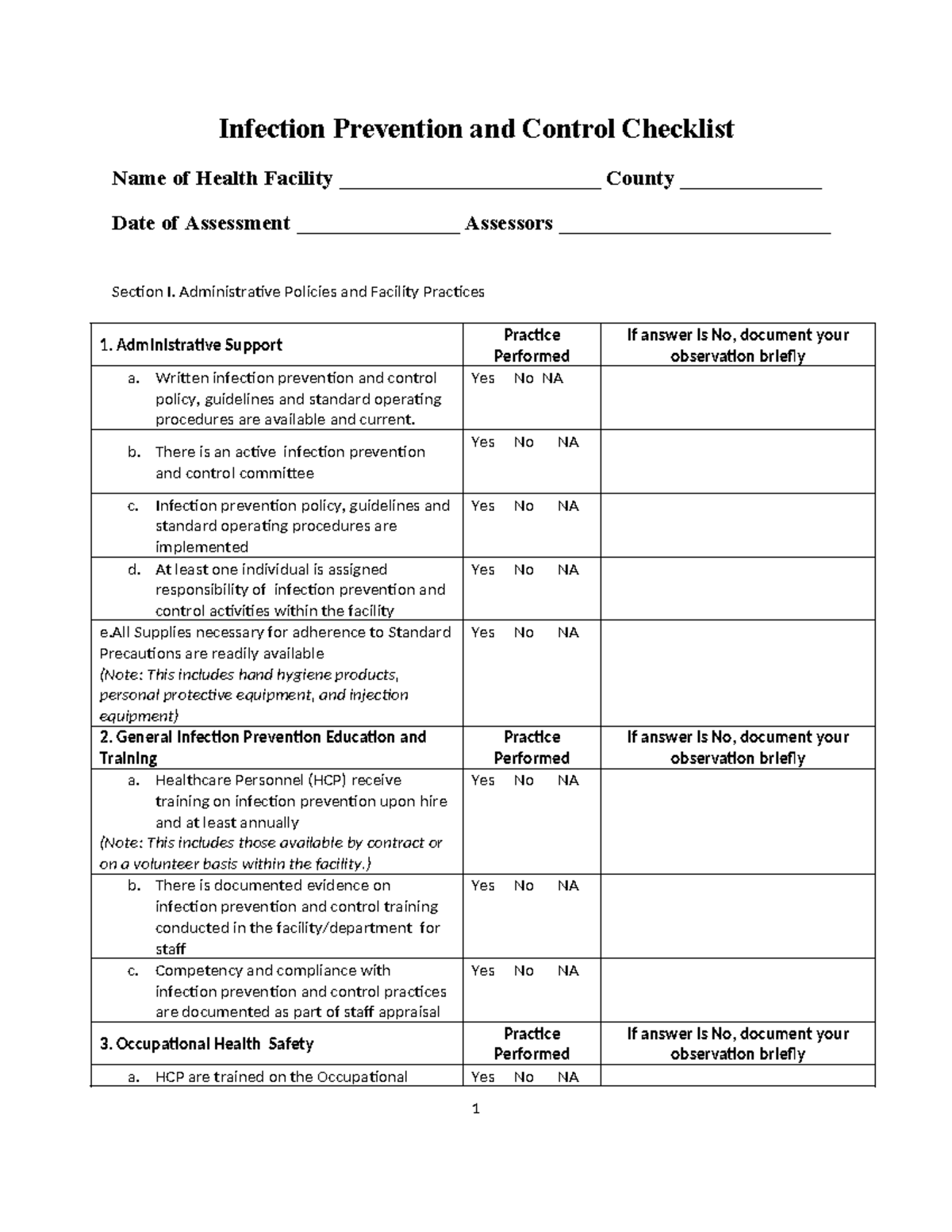 Infection Prevention Assessment Tool - Checklist - Infection Prevention ...