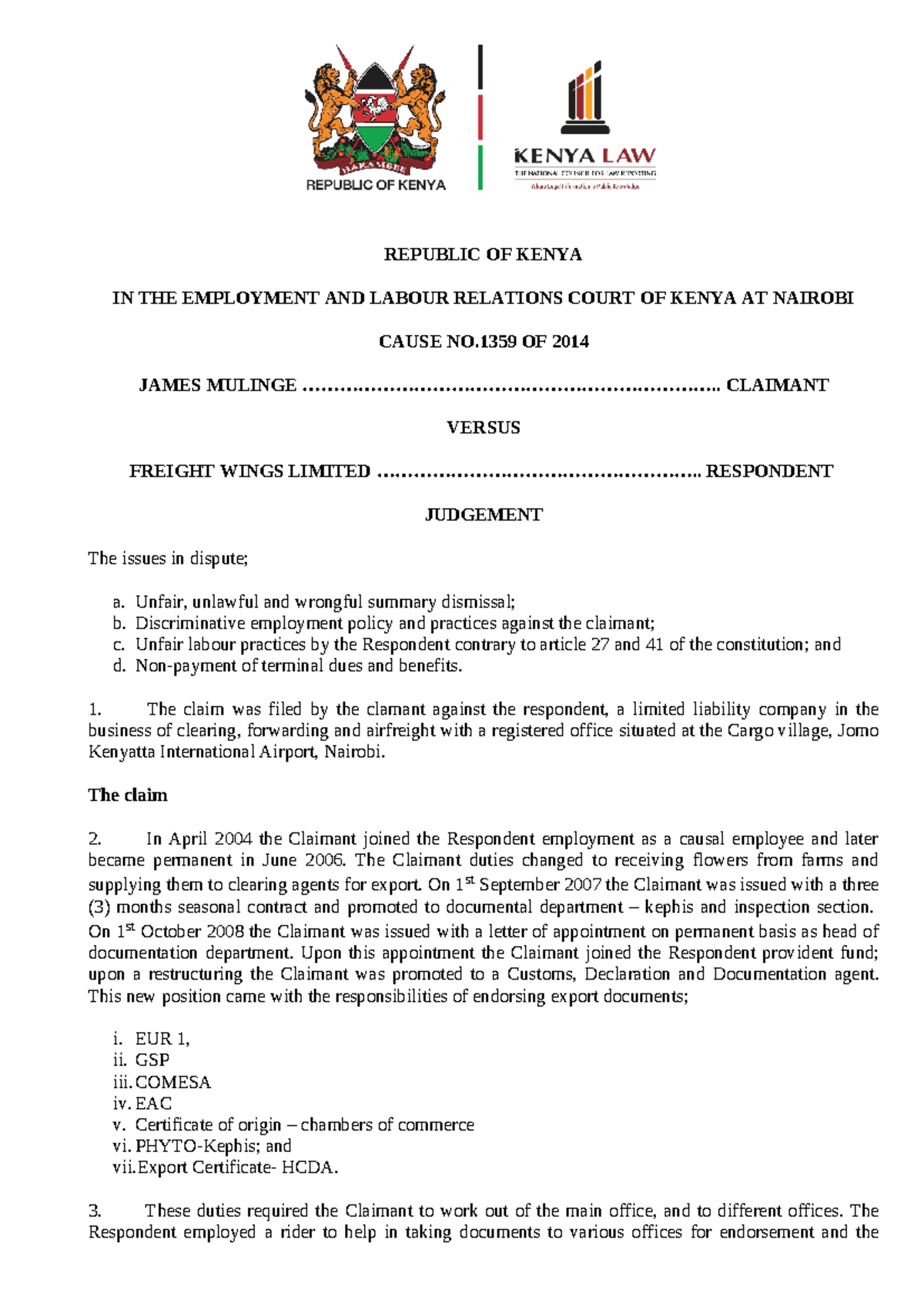 James Mulinge v Freight Wings Ltd: Unfair Dismissal & Discrimination ...