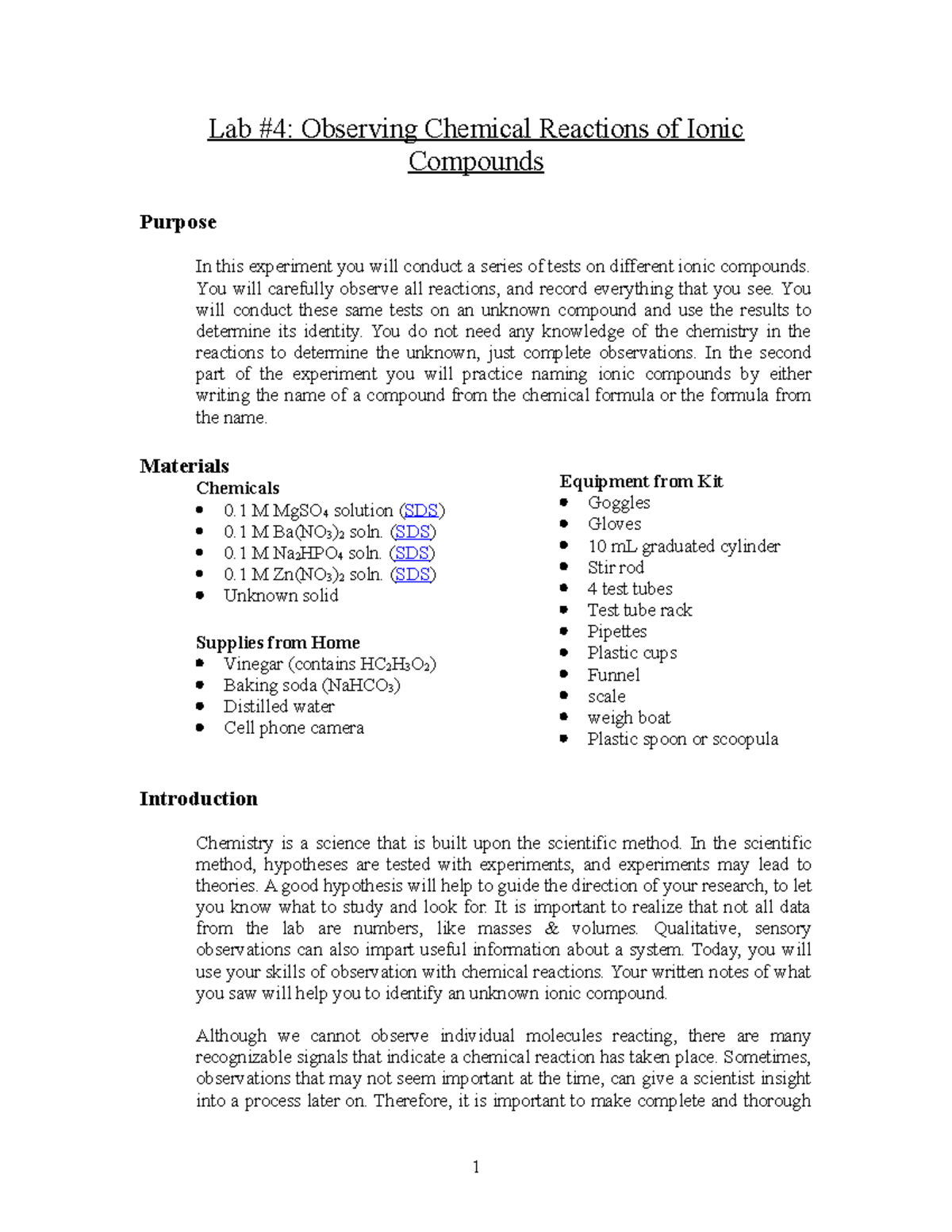Chem Lab 4: Observing Ionic Compounds & Naming Reactions - Studocu
