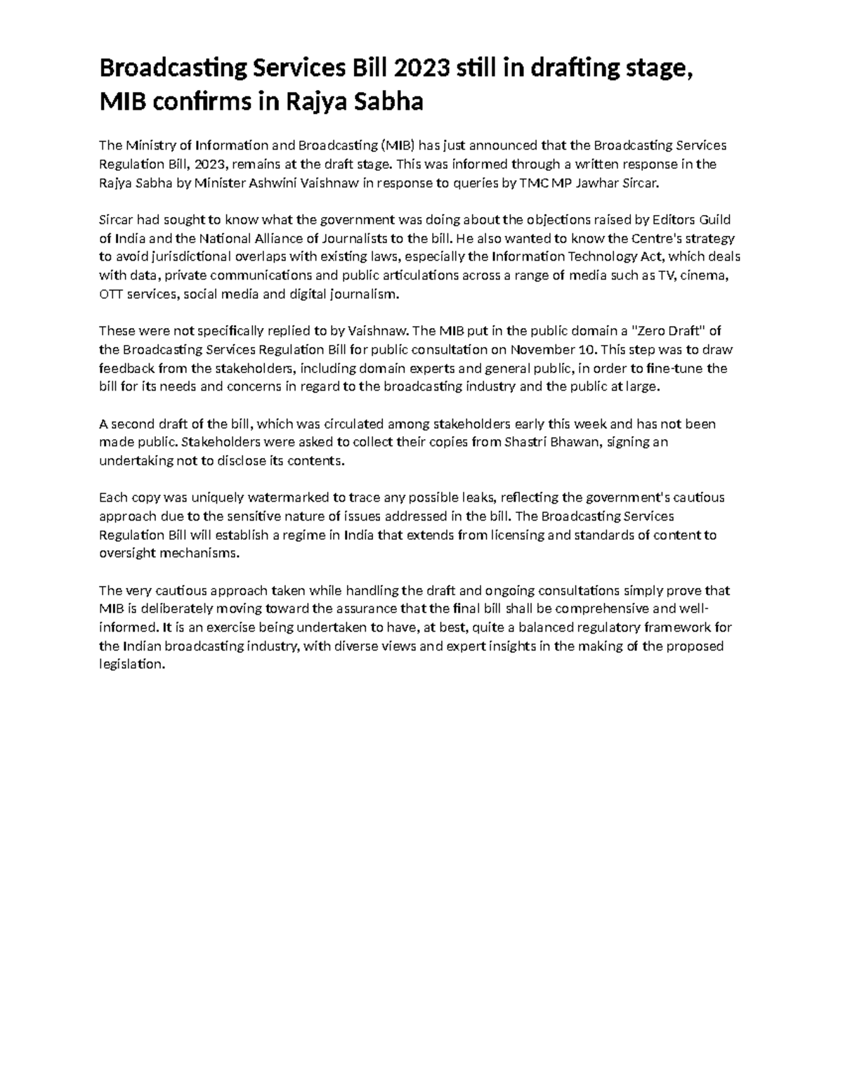 Broadcasting Services Regulation Bill 2023: MIB's Draft Update in RS ...