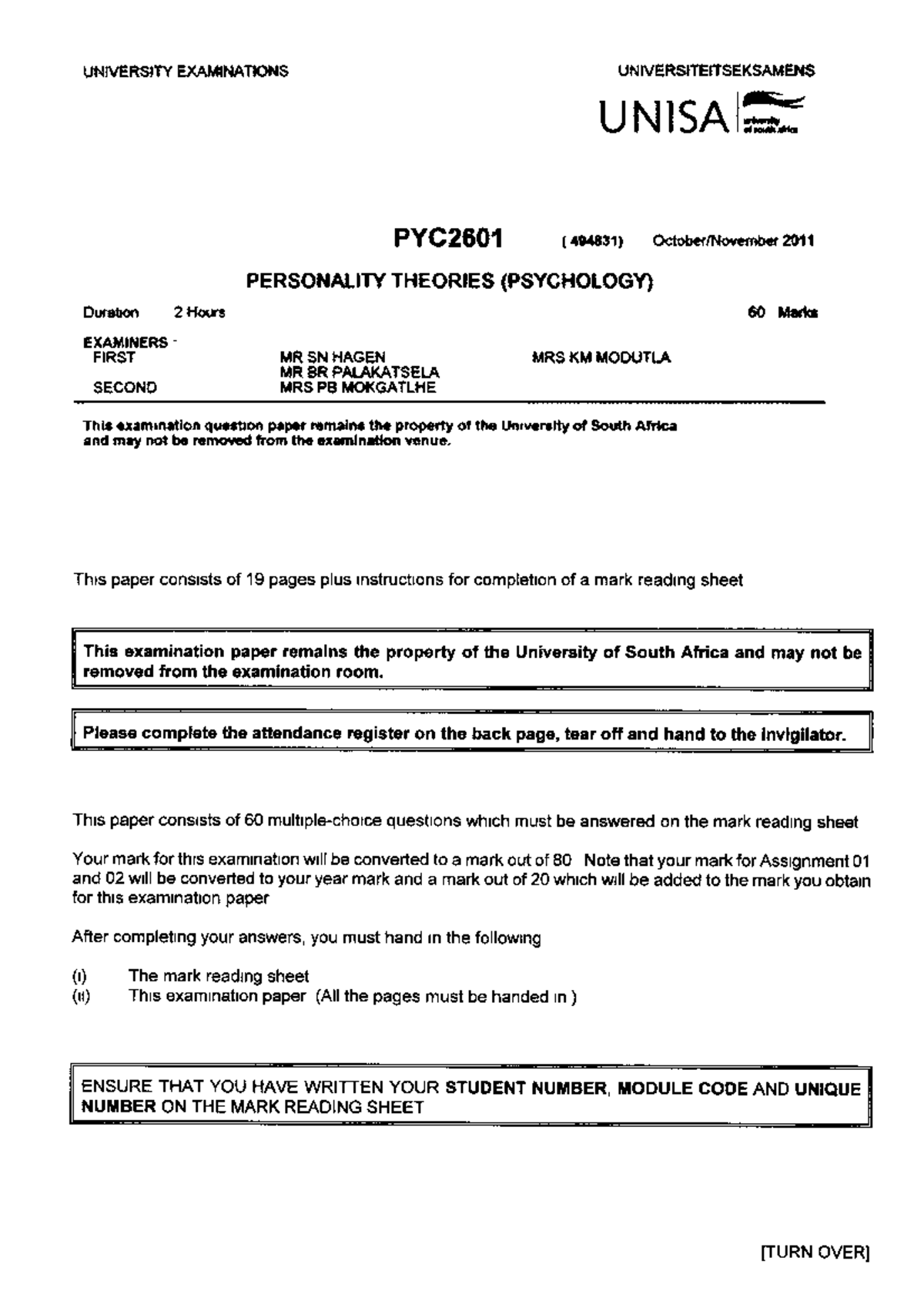 PYC2601 Exam October 2011: Personality Theories and Questions - Studocu