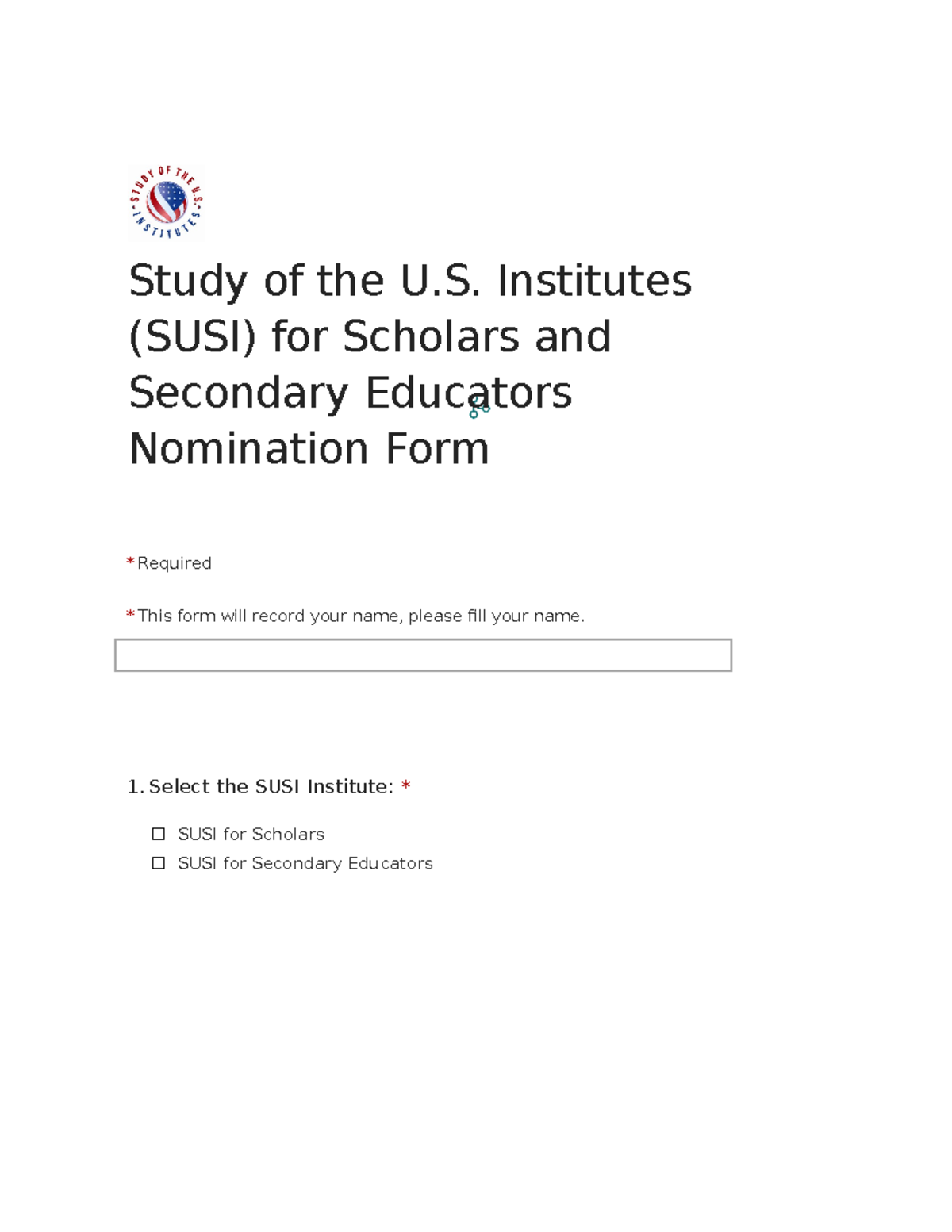 SUSI Scholars and Secondary Educators Nomination Form 2 - Study of the ...