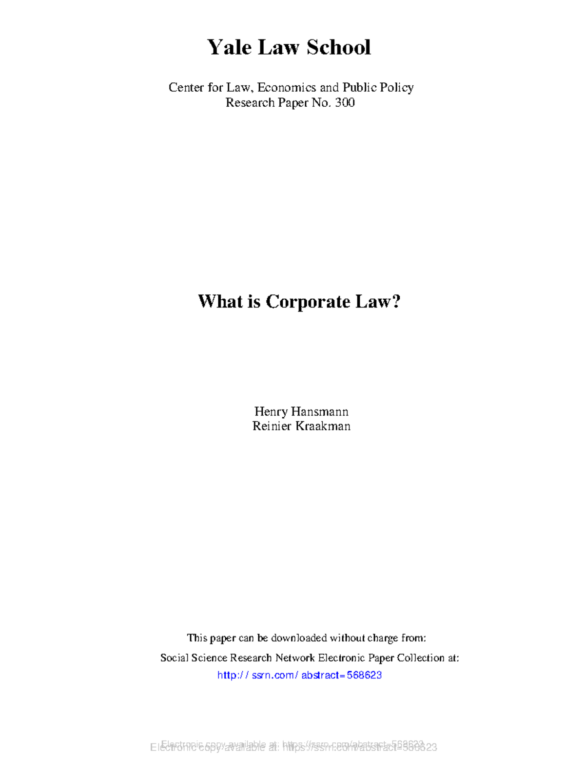 Yale Law School Research Paper No. 300: Understanding Corporate Law ...