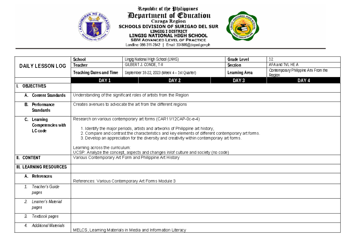 Week 4 Daily Lesson Log for Contemporary Philippine Arts (CPAR) - Studocu