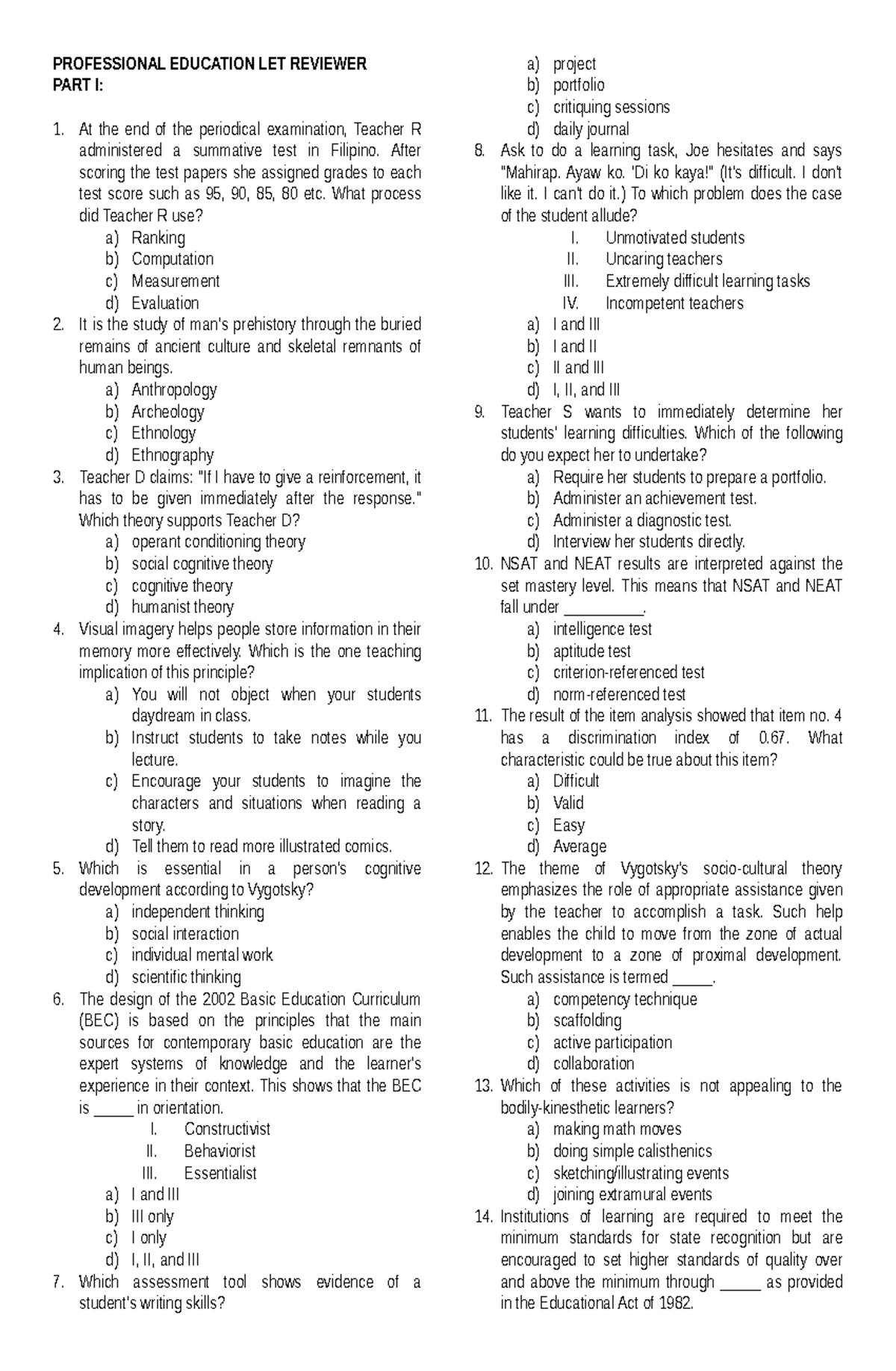 Professional Education LET Reviewer 1 - PROFESSIONAL EDUCATION LET ...