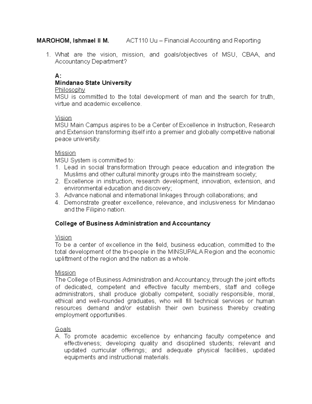 Marohom - ACT110 FAR Reflection Essay - MAROHOM, Ishmael II M. ACT110 ...