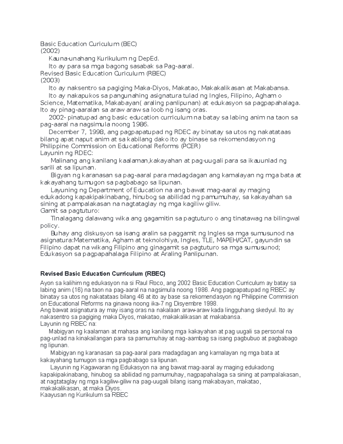 Revised Basic Education Curriculum (RBEC) Overview and Objectives - Studocu