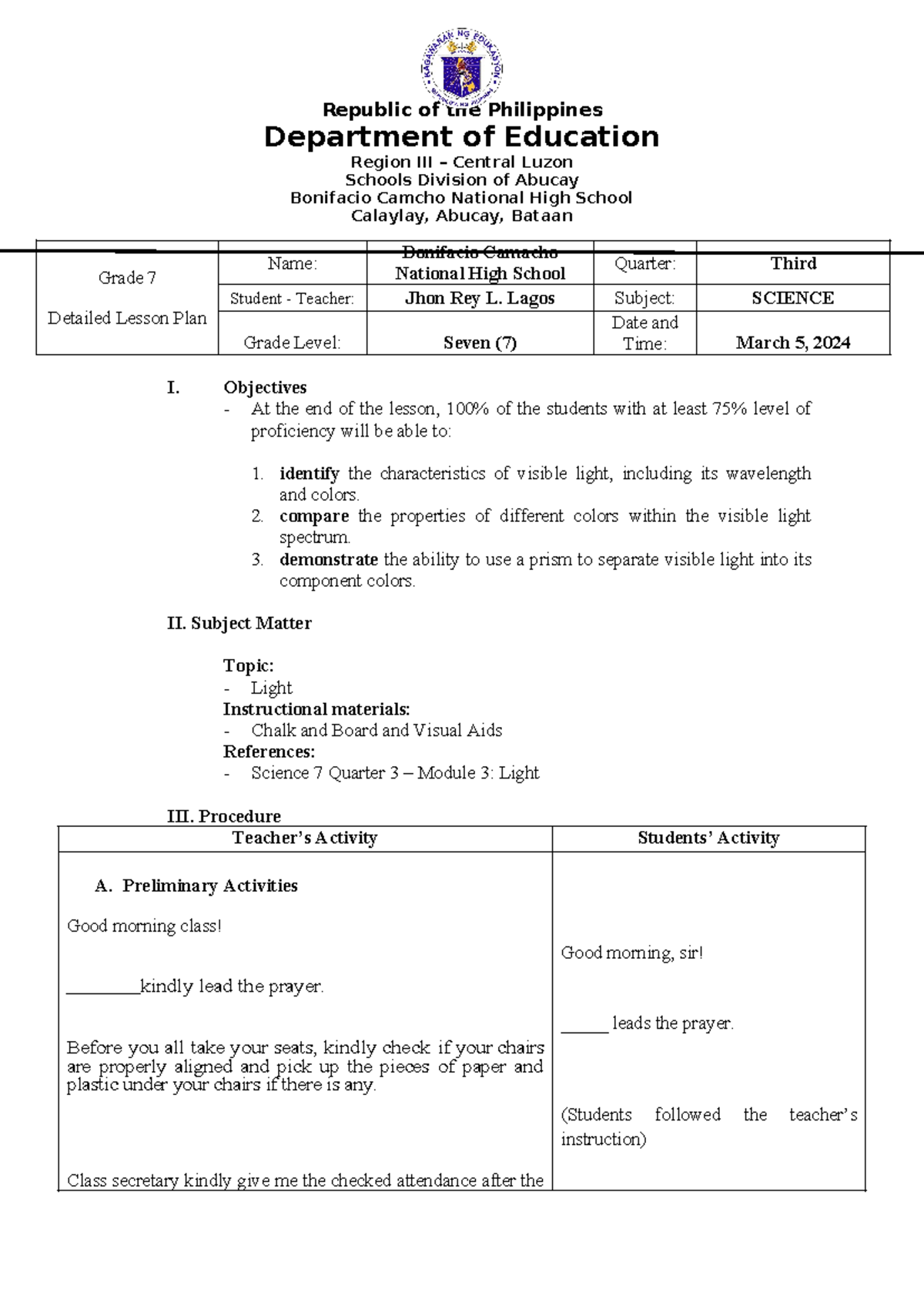 Lagos-JHON-REY-DLP- Science-7- Visible Light - Grade 7 Detailed Lesson ...