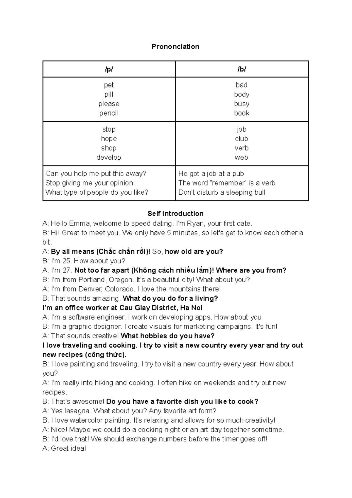 Gia sư buổi 1 - Speed Dating Conversation Practice Notes - Studocu