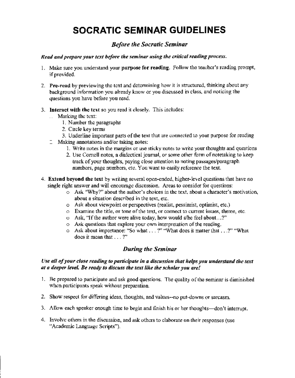 Socratic Seminar Guidelines - SOCRATIC SEMINAR GUIDELINES Before the ...