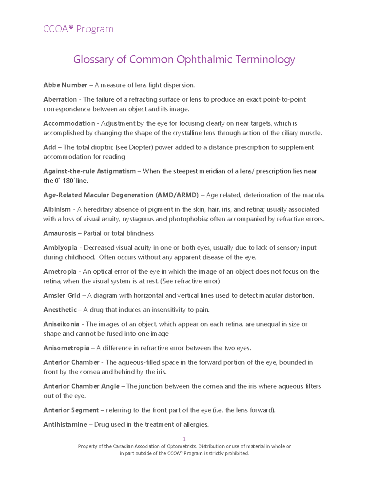 Glossary of Common Ophthalmic Terminology - 1 Property of the Canadian ...
